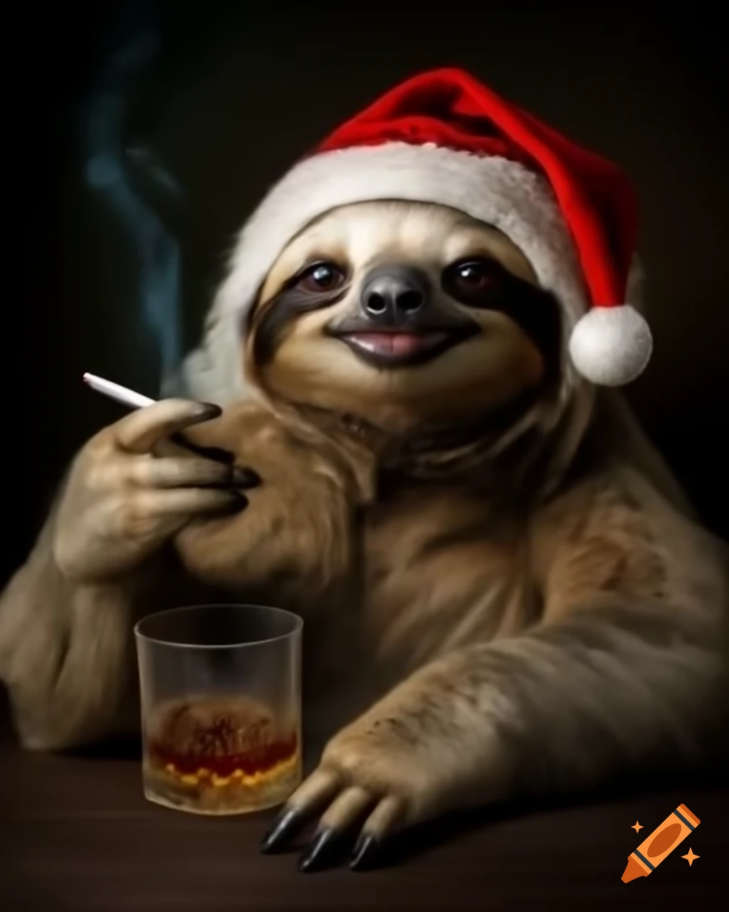 Sloth resembling singer Tom Waits, wearing Santa suit, with cigarette ...