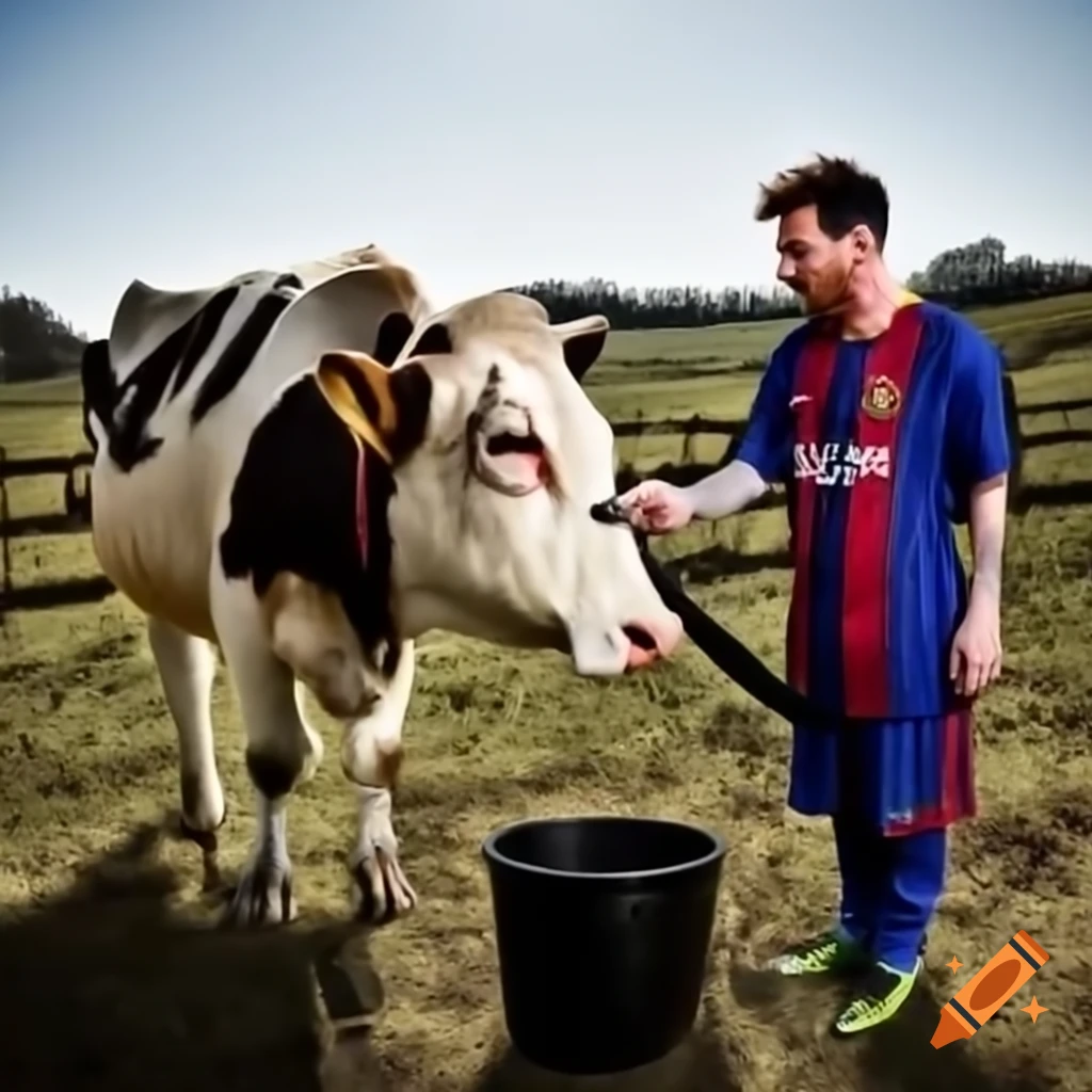 Lionel messi in barcelona uniform milking a cow on sunny farm on Craiyon