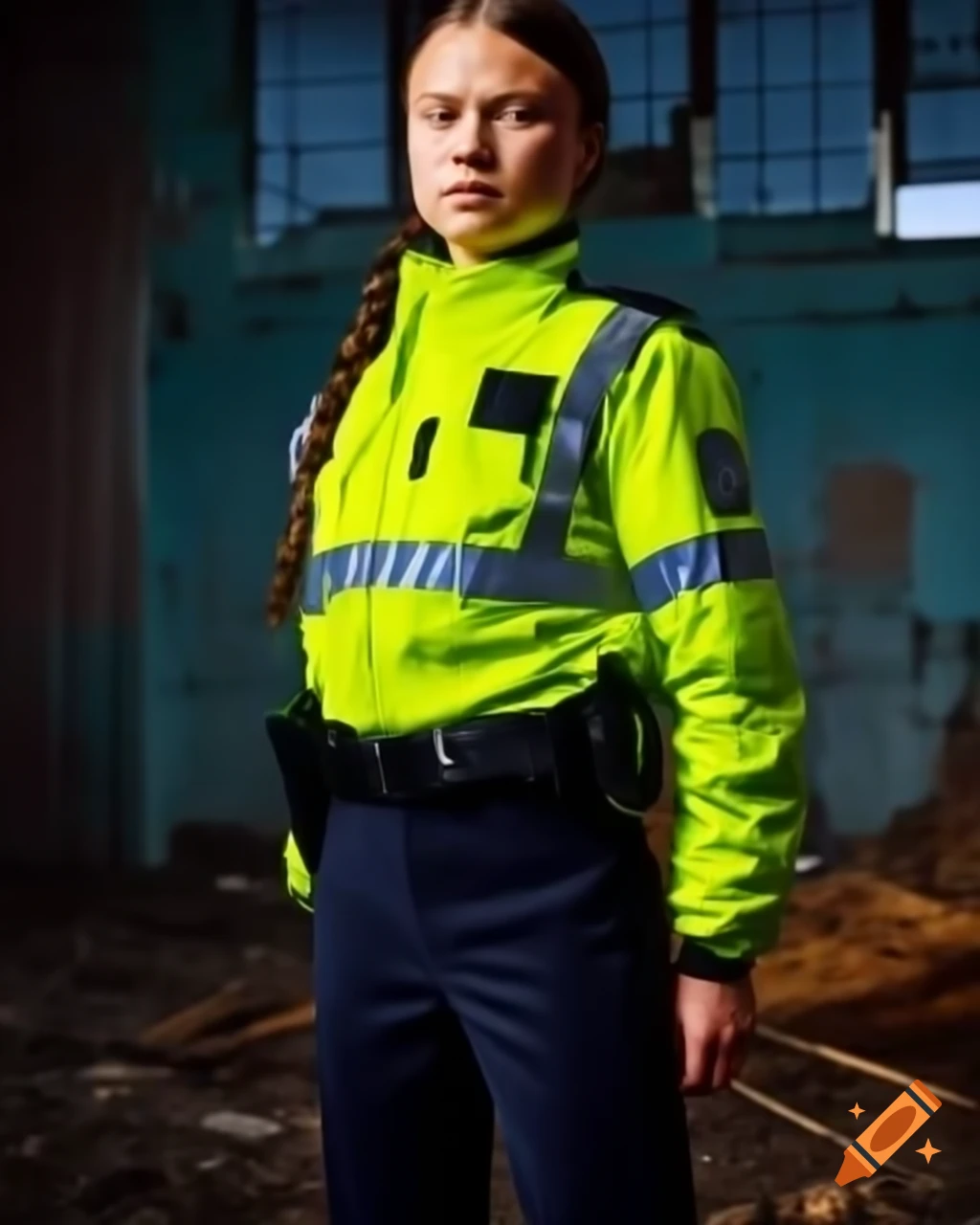 Police officer in fluorescent jacket and action pose, ultra HD portrait ...