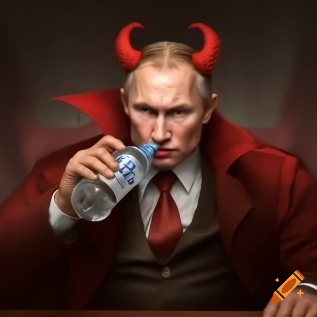 Satirical depiction of vladimir putin as the devil holding vodka on Craiyon