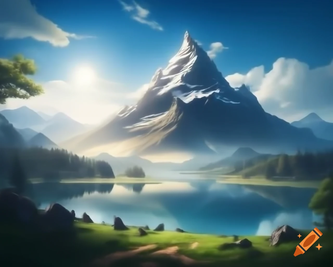 Majestic mountain with snowcap and cascading lake surrounded by trees ...