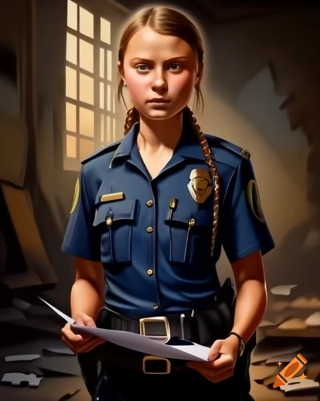 Ultra HD portrait of a police officer taking notes, wearing uniform and ...