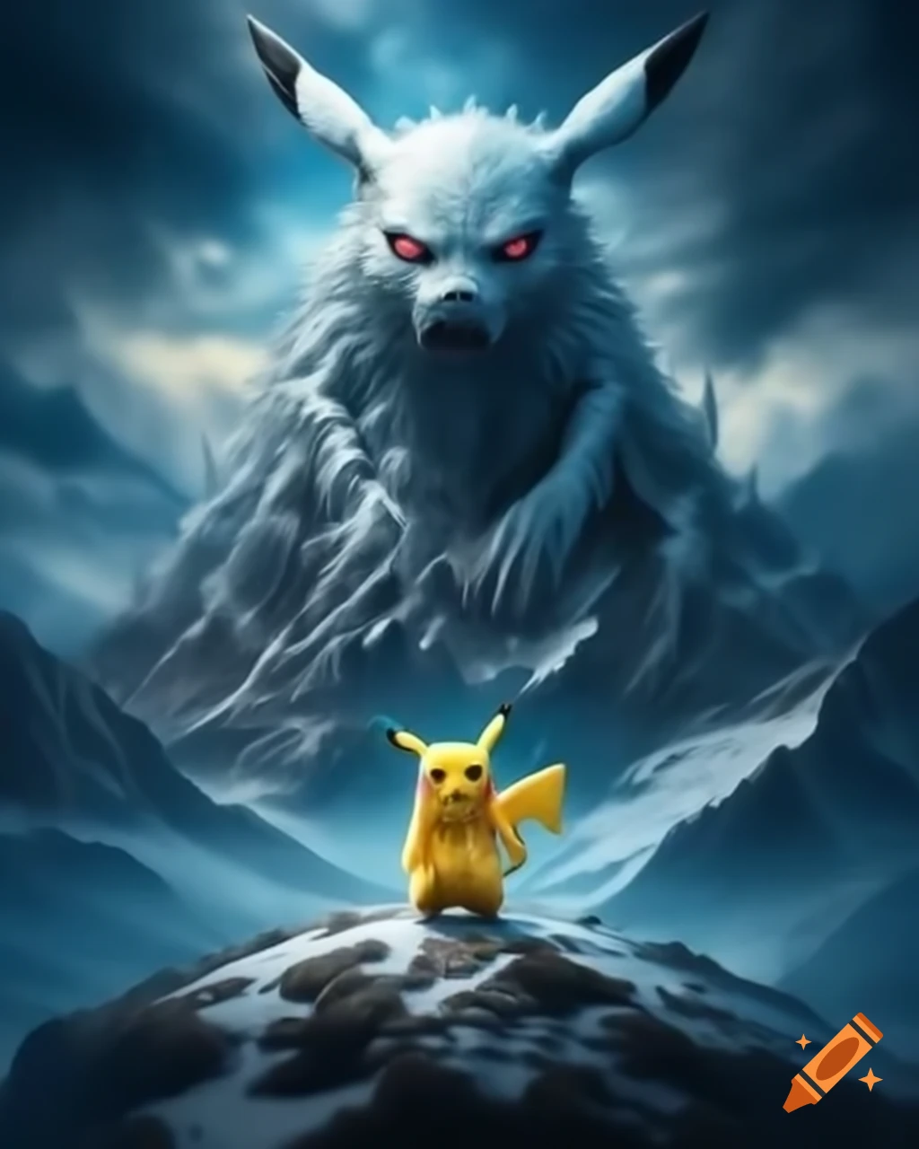Hyperrealistic Pikachu on snow-covered mountain peak in grainy ...
