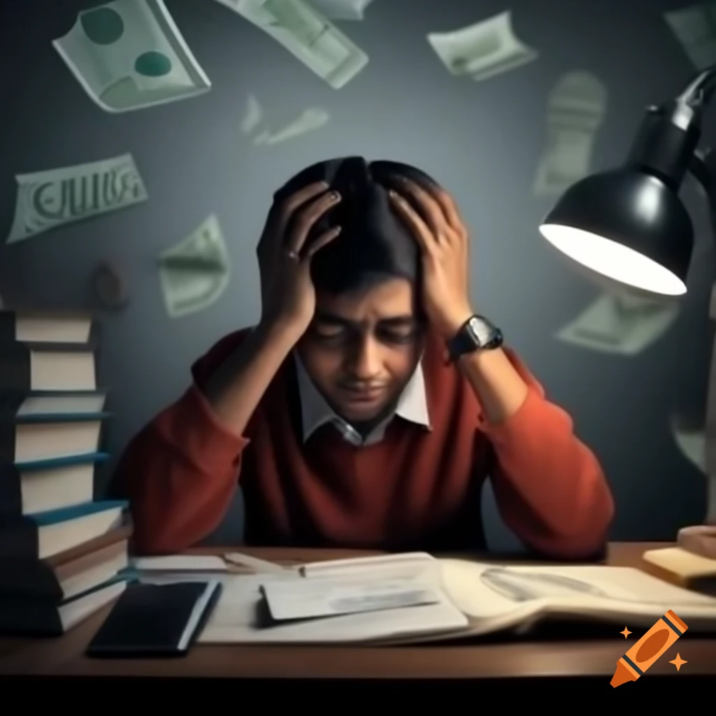 Stressed Indian student at cluttered desk with textbooks, overwhelmed ...