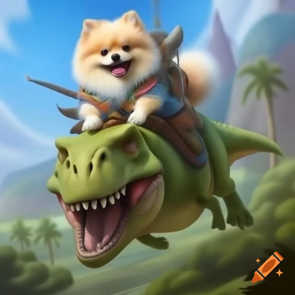 Fluffy pomeranian riding on t-rex in whimsical retro adventure on Craiyon