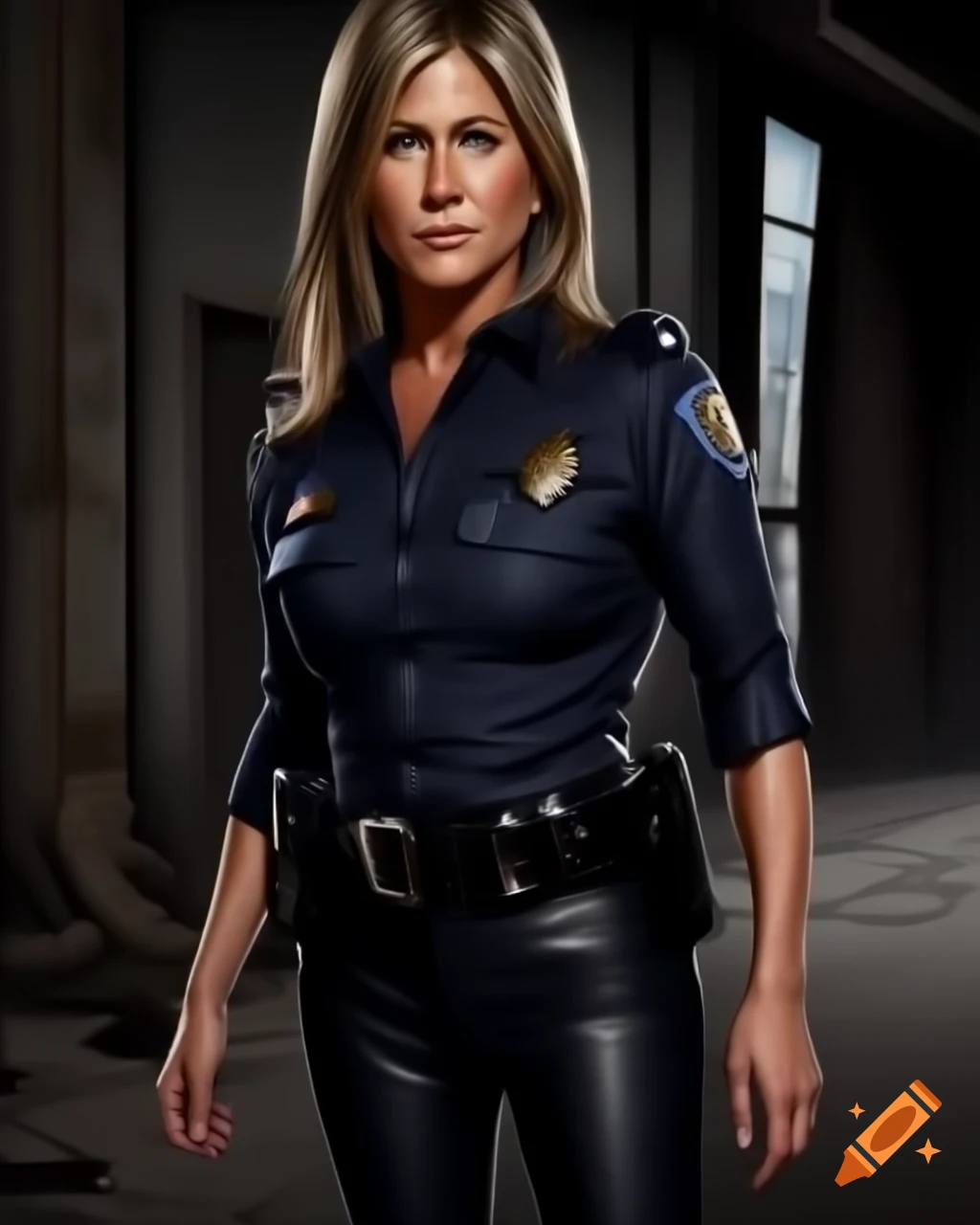 Portrait of actress Jennifer Aniston in police uniform running on Craiyon