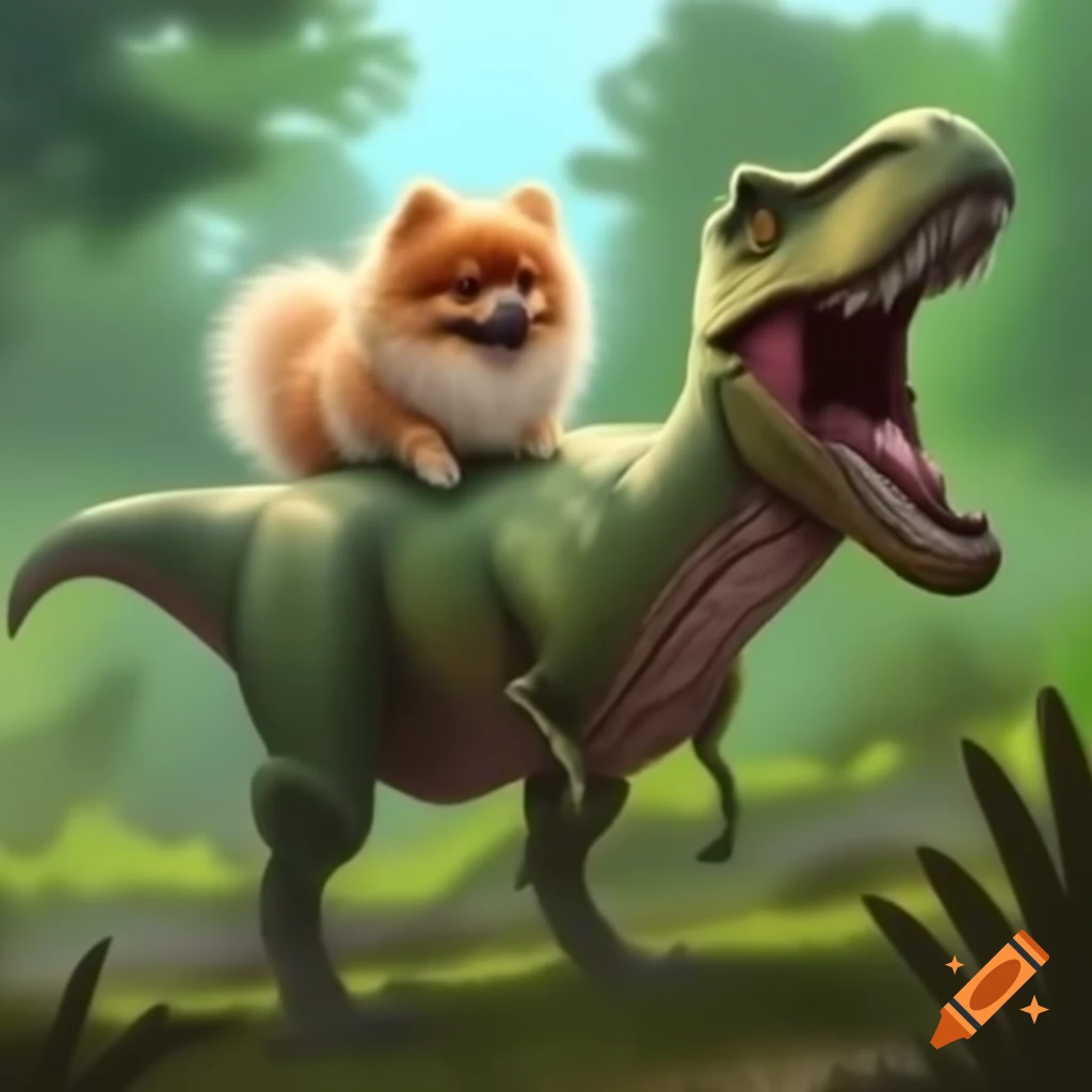 Pomeranian dog riding a tyrannosaurus dinosaur on Craiyon