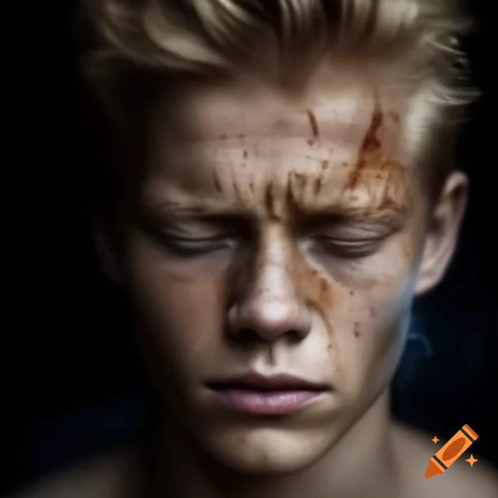 Young Swedish male model with ginger hair crying amidst apocalyptic ...