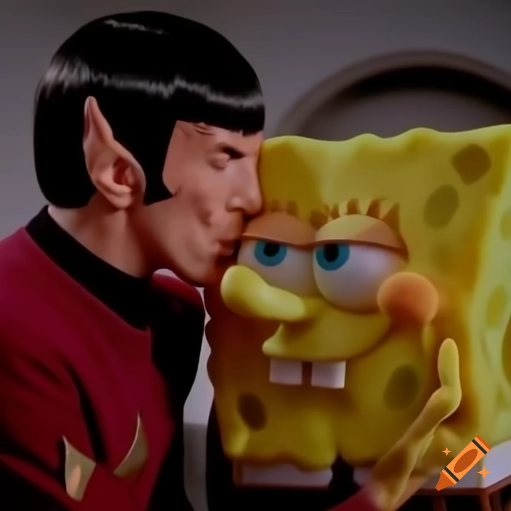 Spock and SpongeBob in a playful kiss scene on Craiyon