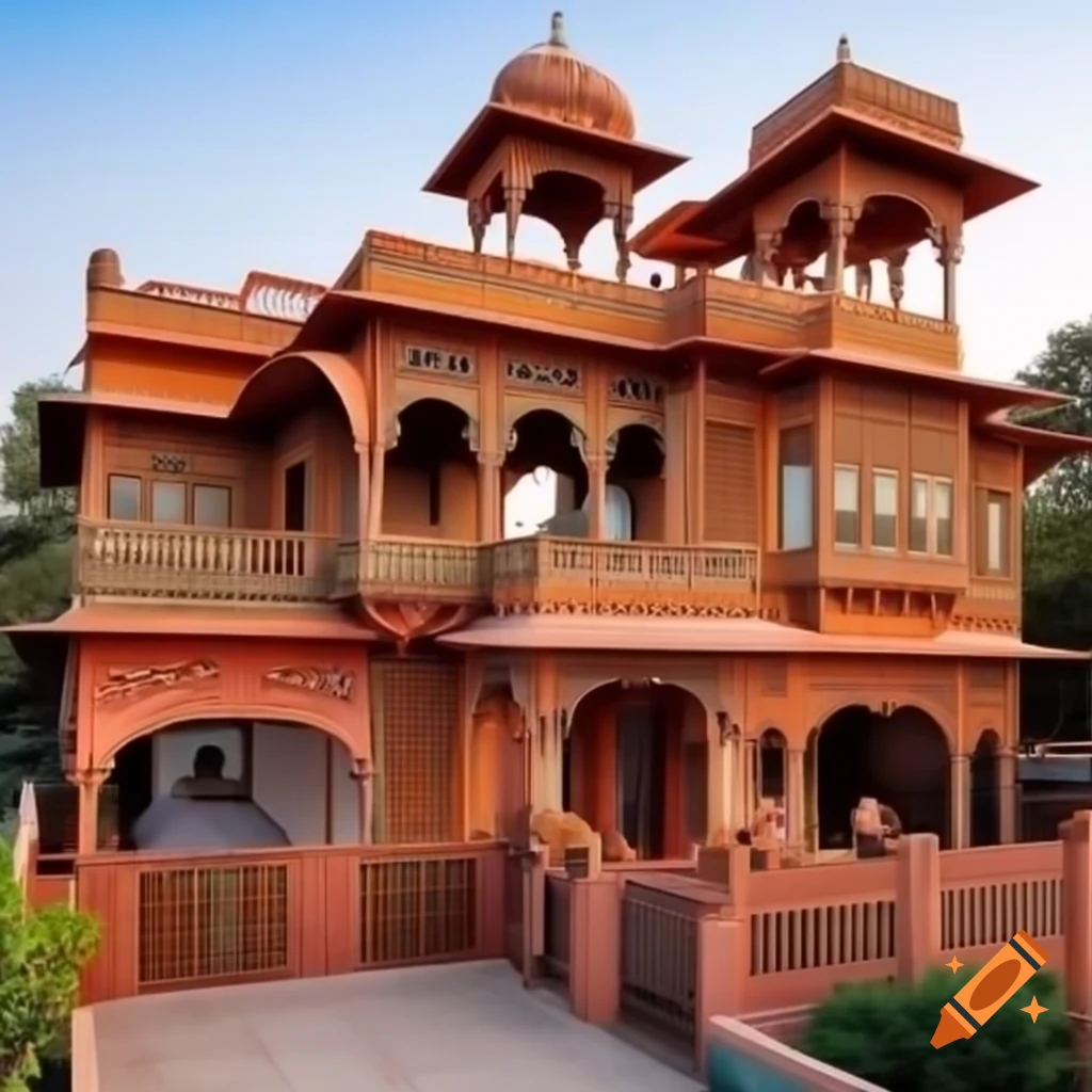 Grand Rajput-style residence with intricate carvings and vibrant colors ...