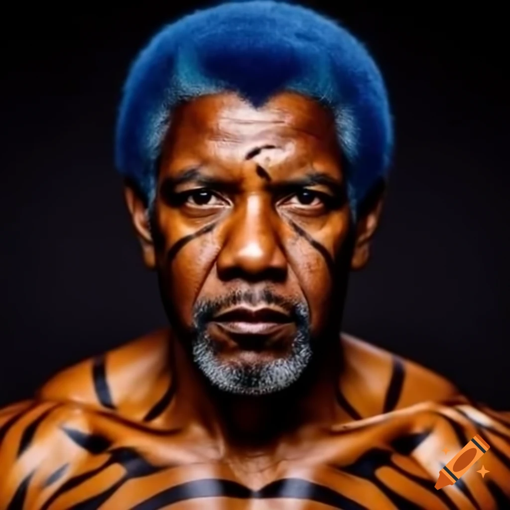 Muscular man with tiger-style makeup and serious expression on Craiyon