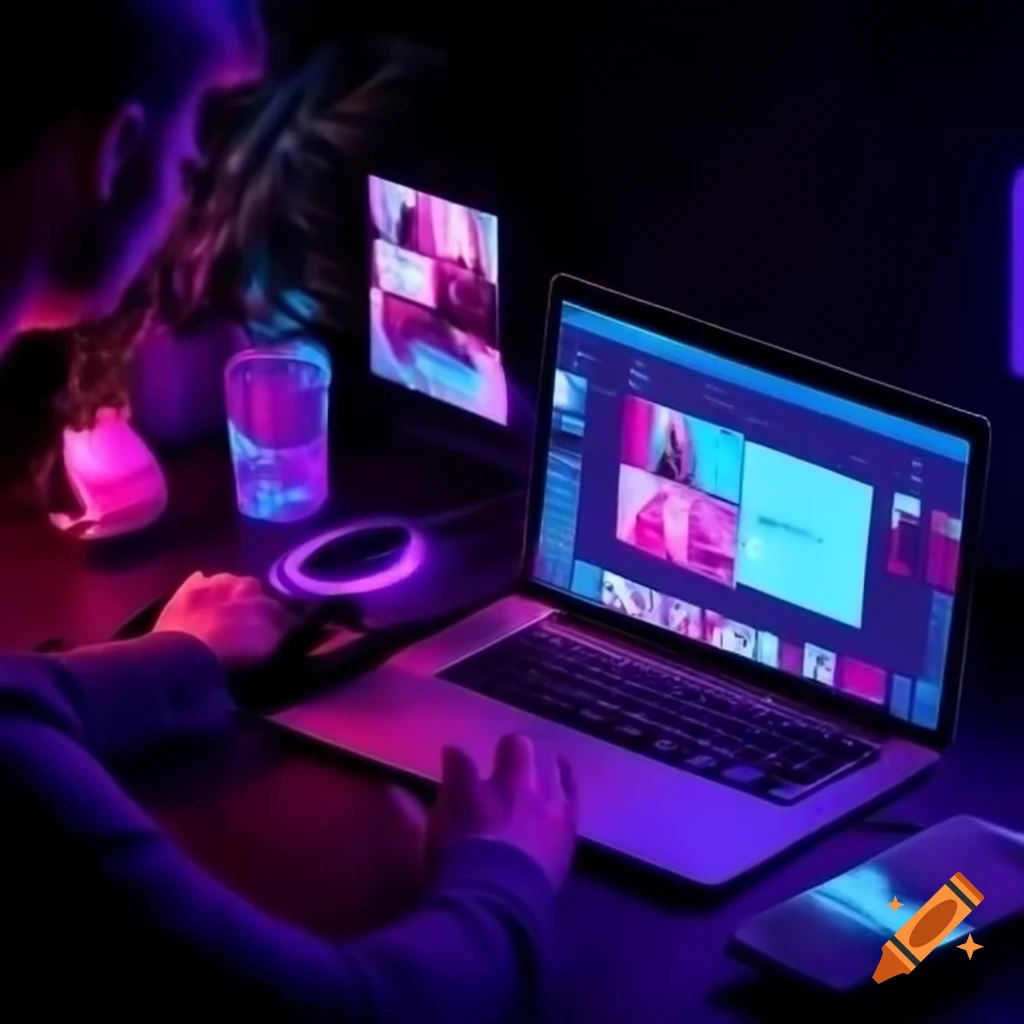 Laptop illuminated by neon lights for online course on Craiyon