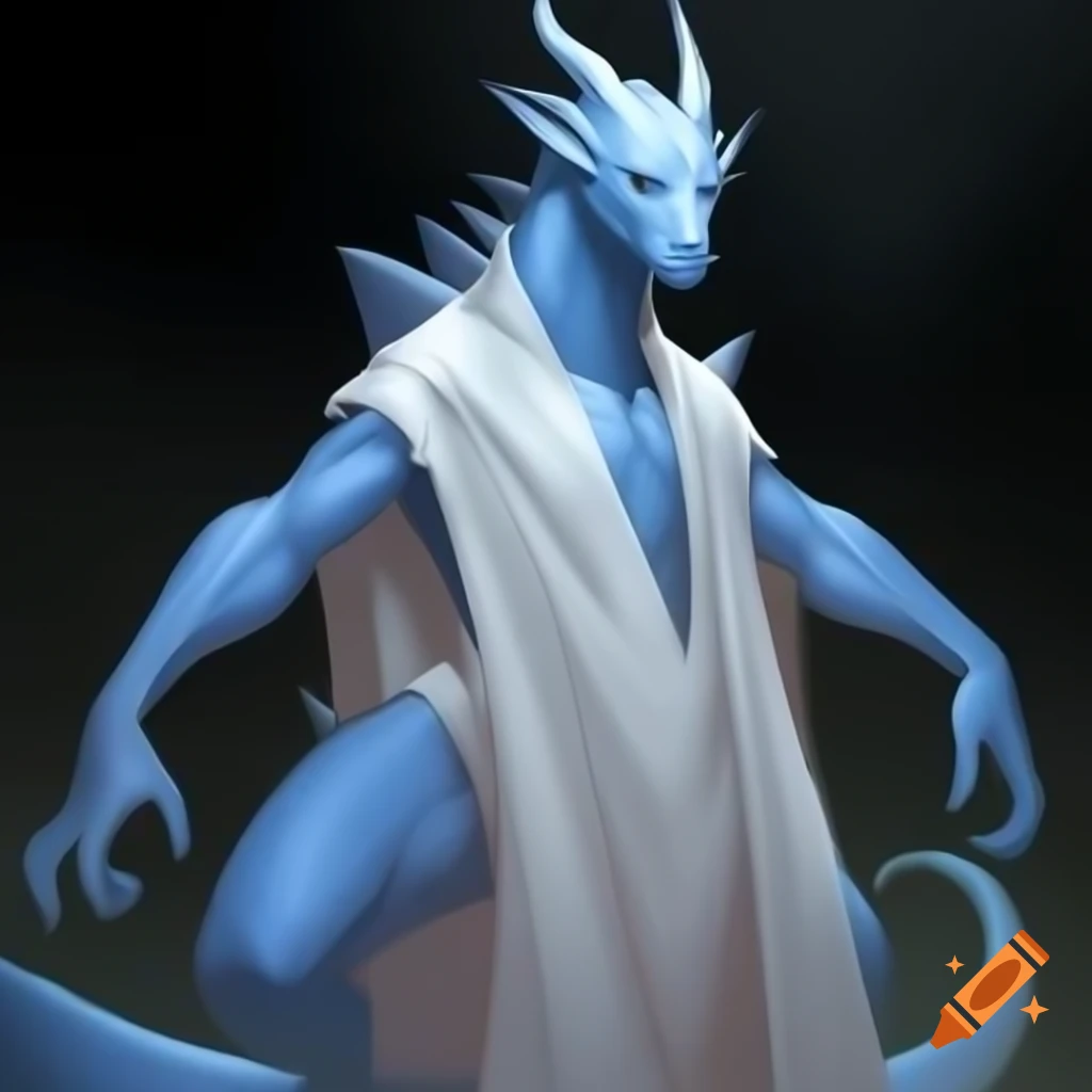 Anthropomorphic male dragon character with smooth blue human-like body ...