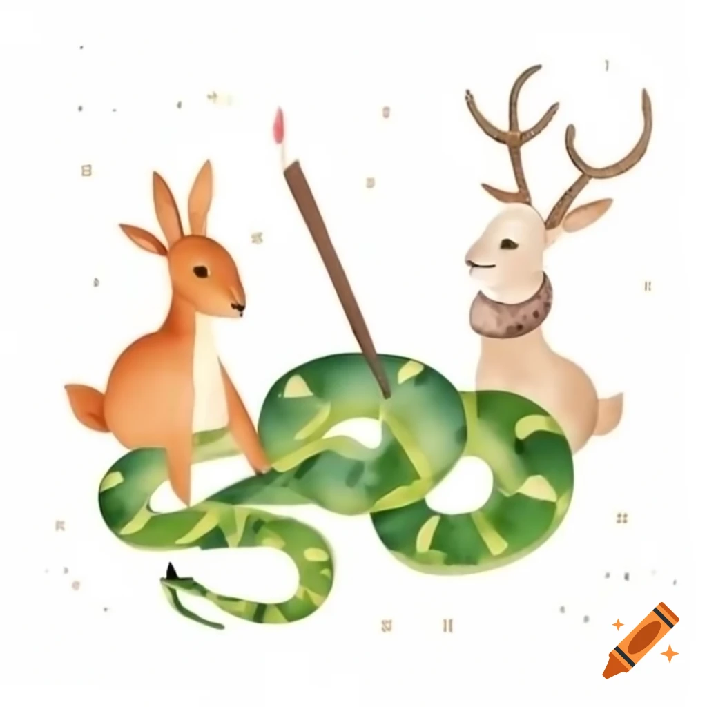Snake entwined with baton while rabbit and deer share a laugh on Craiyon