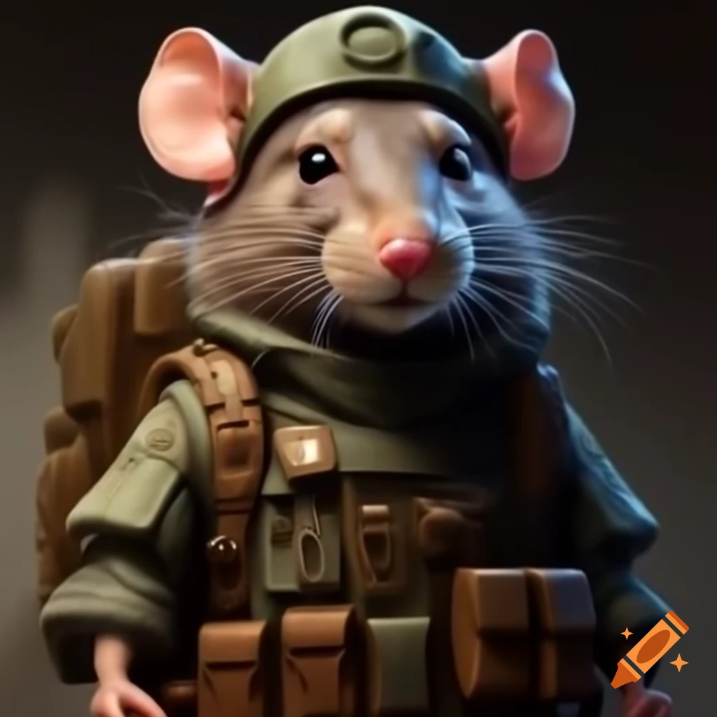 Cartoon military rat in oversized armor with heavy backpack on Craiyon