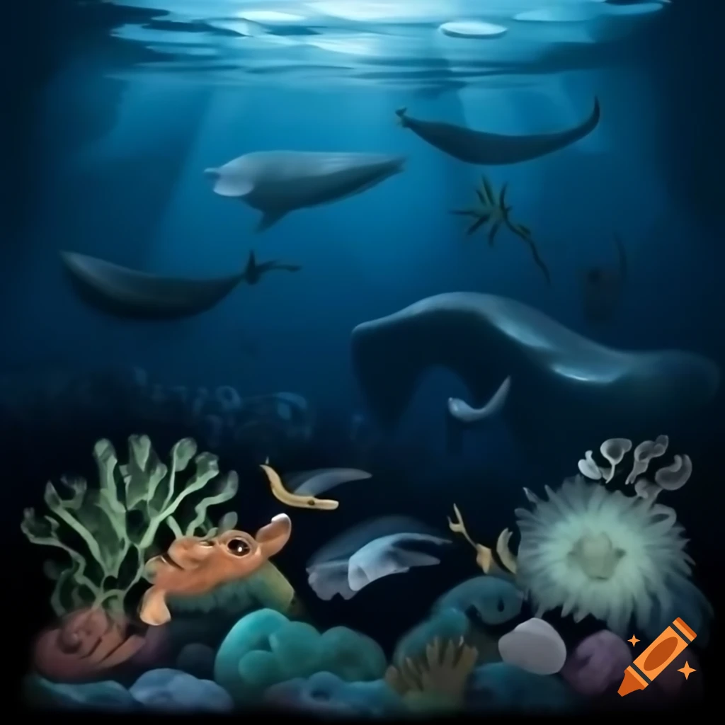 Underwater scene with diverse marine life including fish, corals, and ...