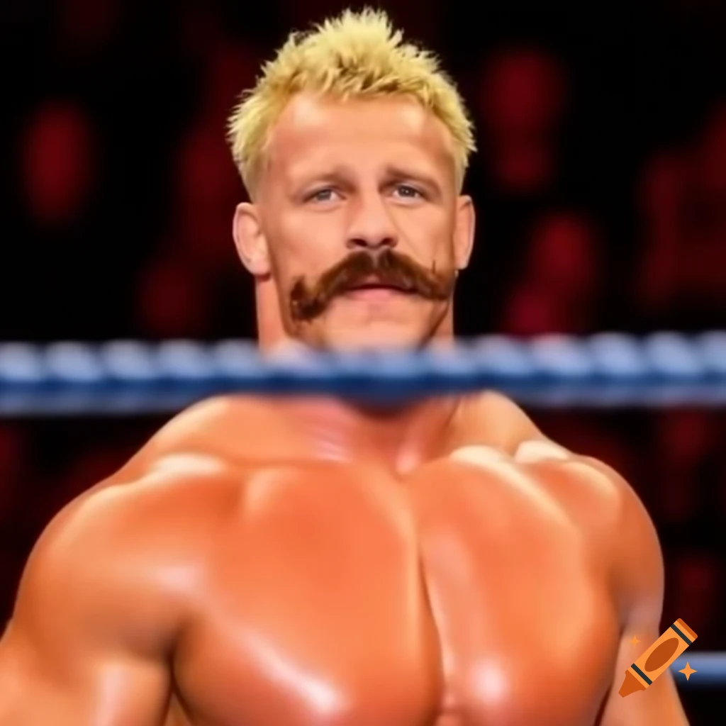 Muscled wrestler with handlebar mustache in yellow speedo, front and ...