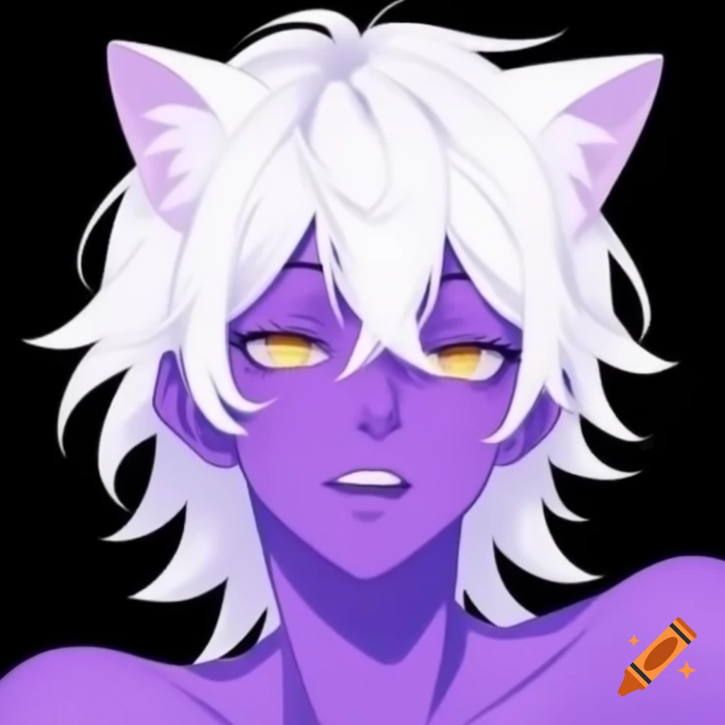 Anime character with white hair, purple skin, and cat ears on Craiyon