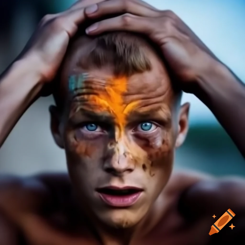 Young Swedish male model with ginger hair crying amidst apocalyptic ...