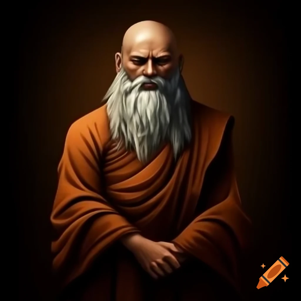 Seasoned middle-aged warrior-monk with white beard and bald head ...