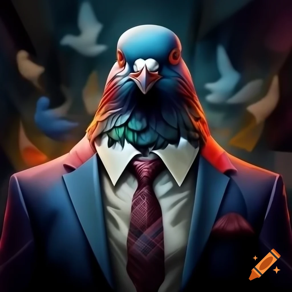 Colorful abstract acrylic portrait of a serious pigeon in a suit on Craiyon