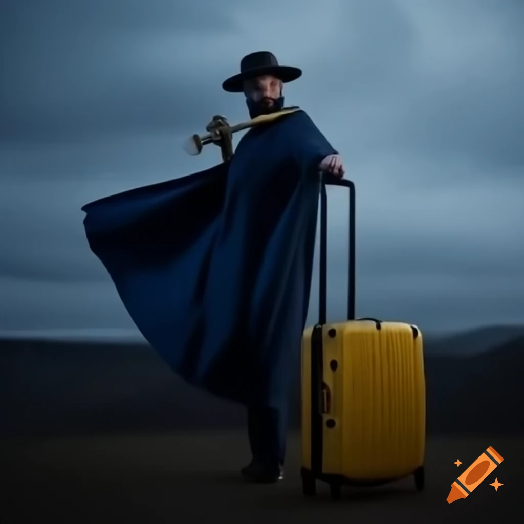 Traveling musician with suitcase of unusual instruments and fluttering ...