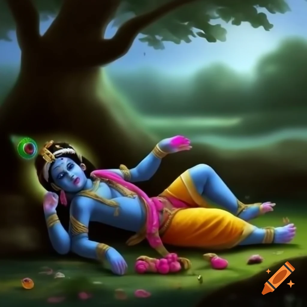 Serene depiction of Lord Krishna reclining under ancient tree after ...