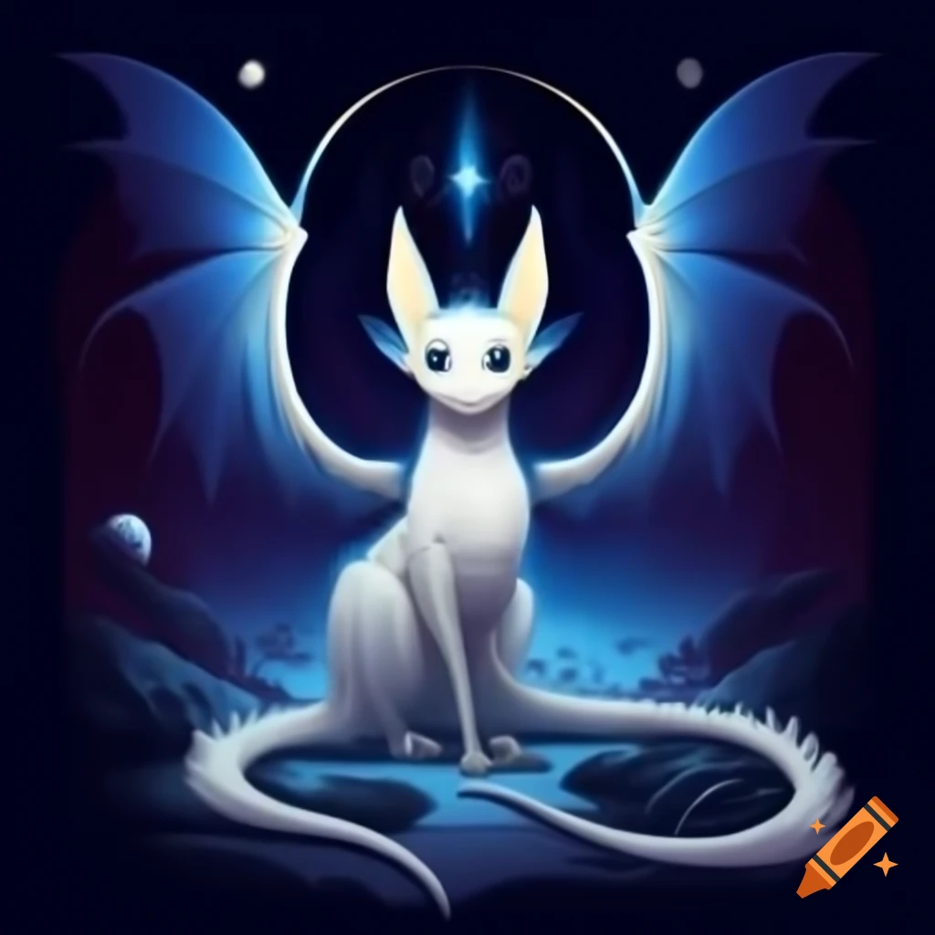 Three-eyed lupine creature with starry wings drifting through space on ...