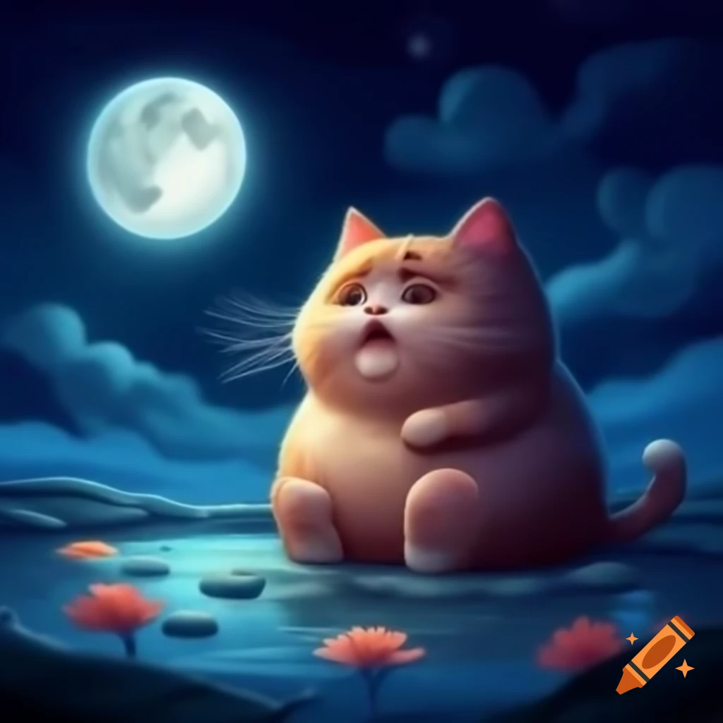 Chubby cat singing to the moon at night on Craiyon