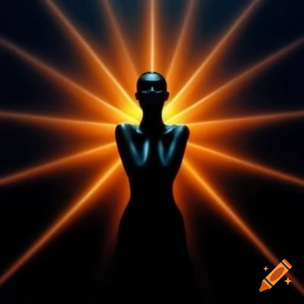 Abstract black faceless figure emitting orange vibrations on Craiyon