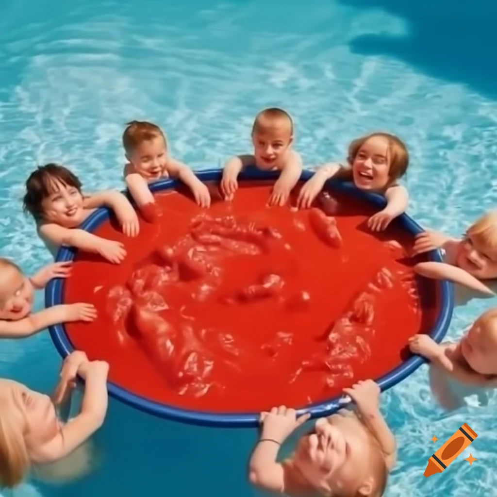 Playful scene of babies splashing in pool of thick red sauce resembling ...