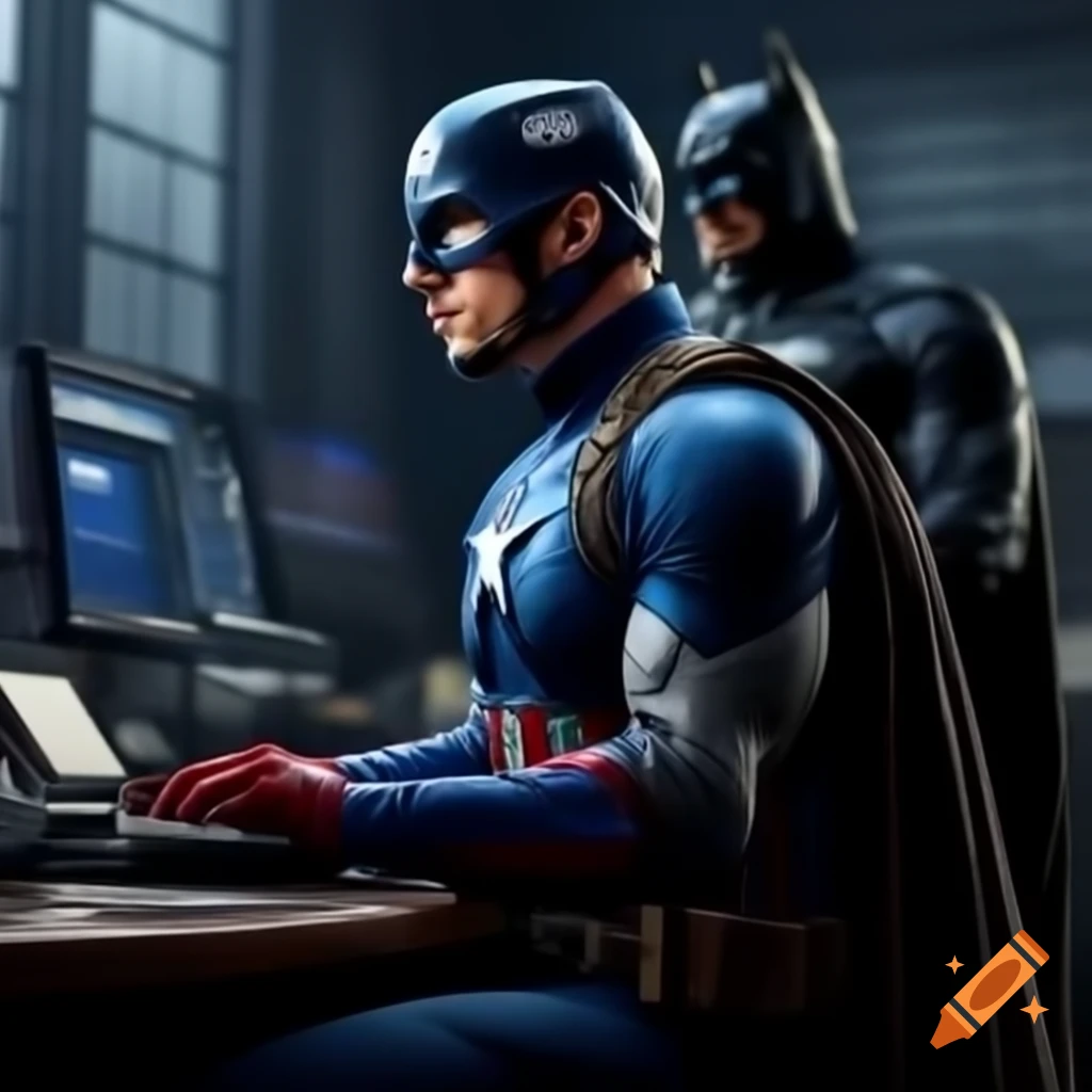 Superheroes Captain America and Batman using computers in a ...