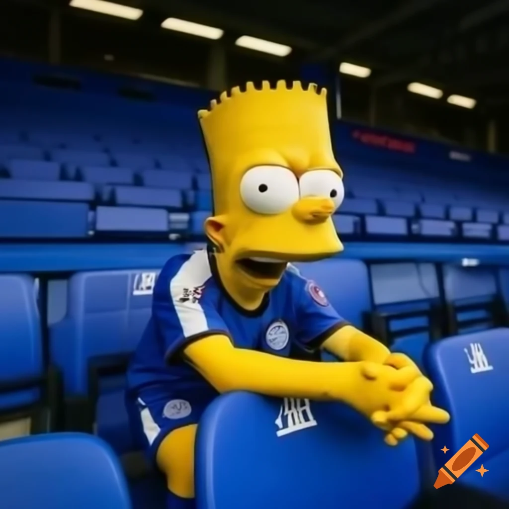 Bart simpson with spiky hair sitting on soccer bench in chelsea outfit ...
