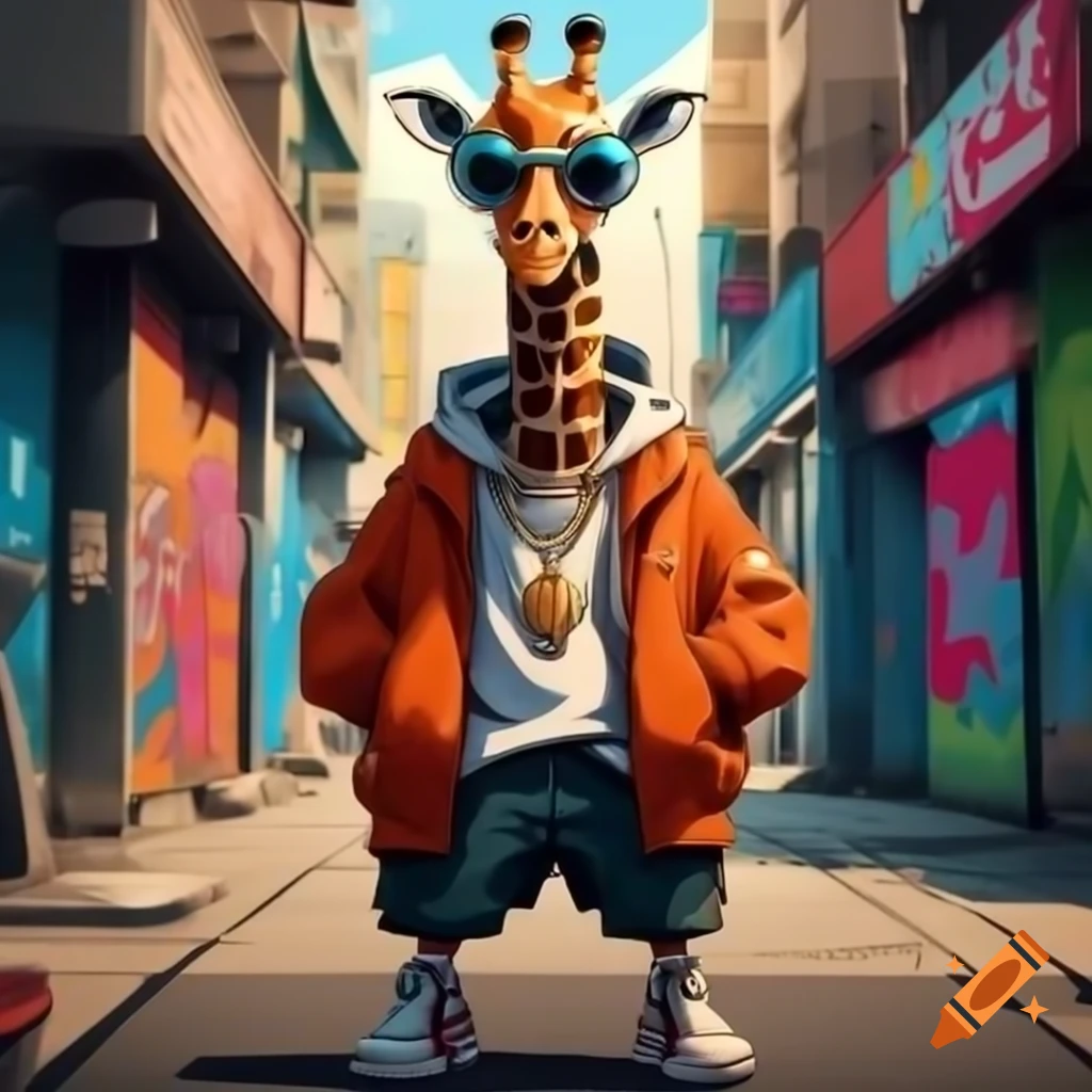 Stylish giraffe with human body dressed as hip-hop singer on Craiyon