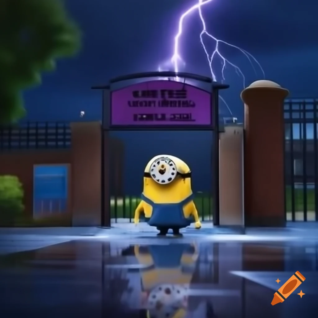 Curious minion-like figure in yellow jumpsuit in torrential downpour ...