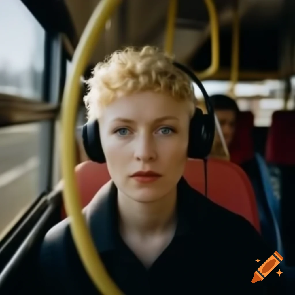 Blonde woman with curly hair and headphones on a Dutch bus on Craiyon