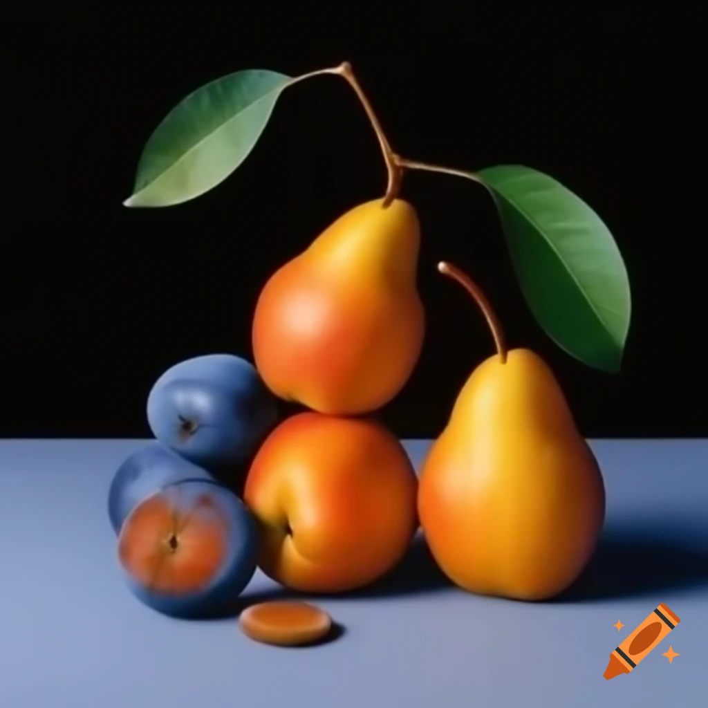 Surreal still life featuring plums, pears, and orange on Craiyon