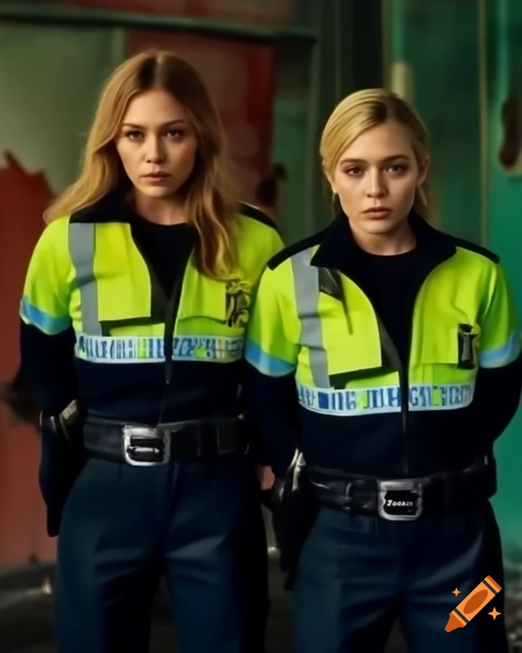 Ultra HD portrait of blonde actress twins in police uniforms on Craiyon