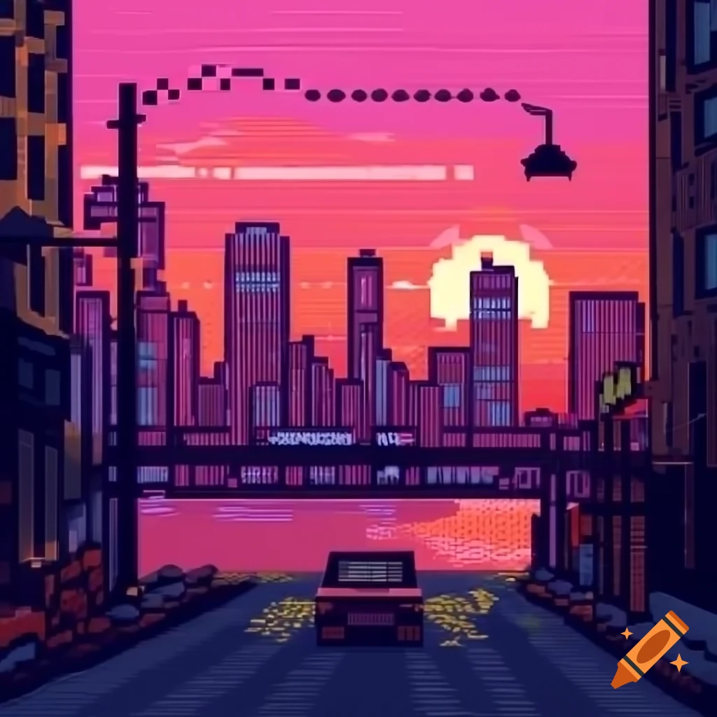 Pixel art of New York Cityscape during pink sunset on Craiyon