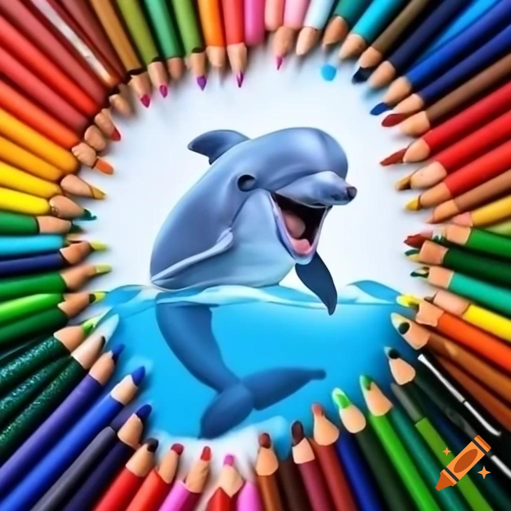 Majestic dolphin surrounded by colorful crayons on Craiyon