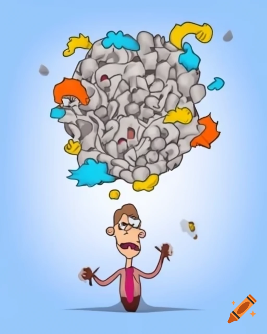 Whimsical cartoon of chaotic thoughts in vibrant colors on Craiyon