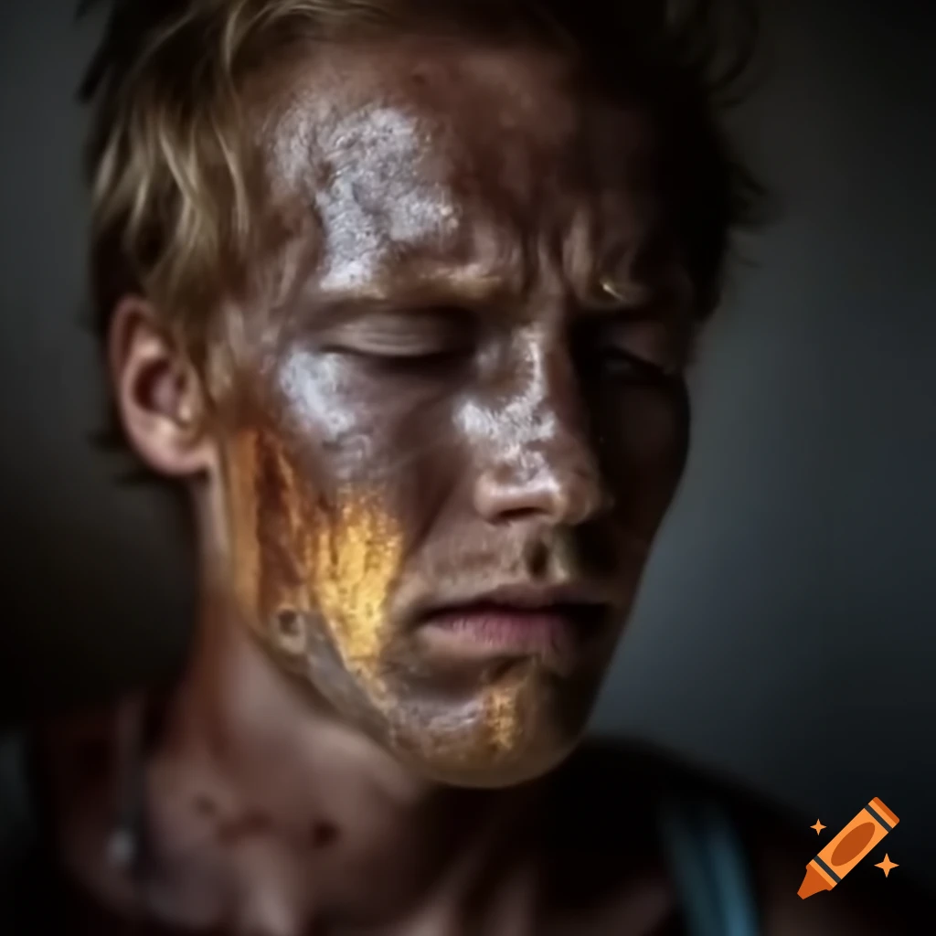Young swedish man crying with light reflecting off his face in ...
