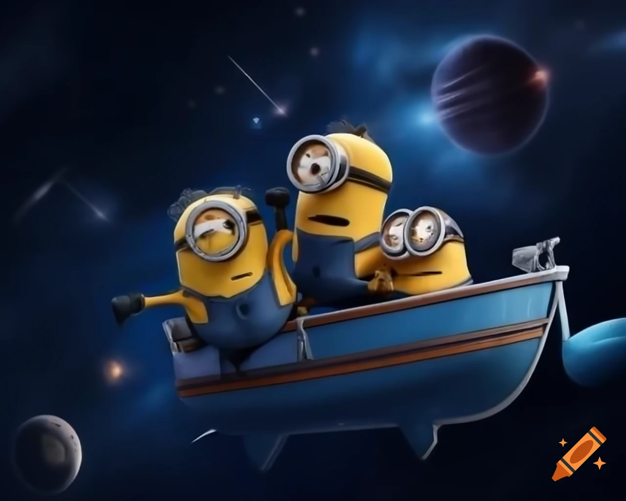 Minions on a boat in outer space on Craiyon