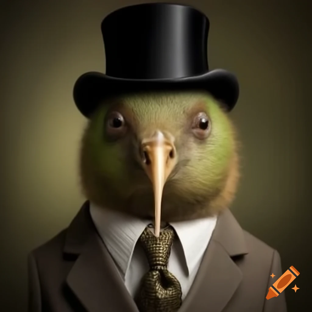 Kiwi bird dressed in tie, monocle, and top hat on Craiyon