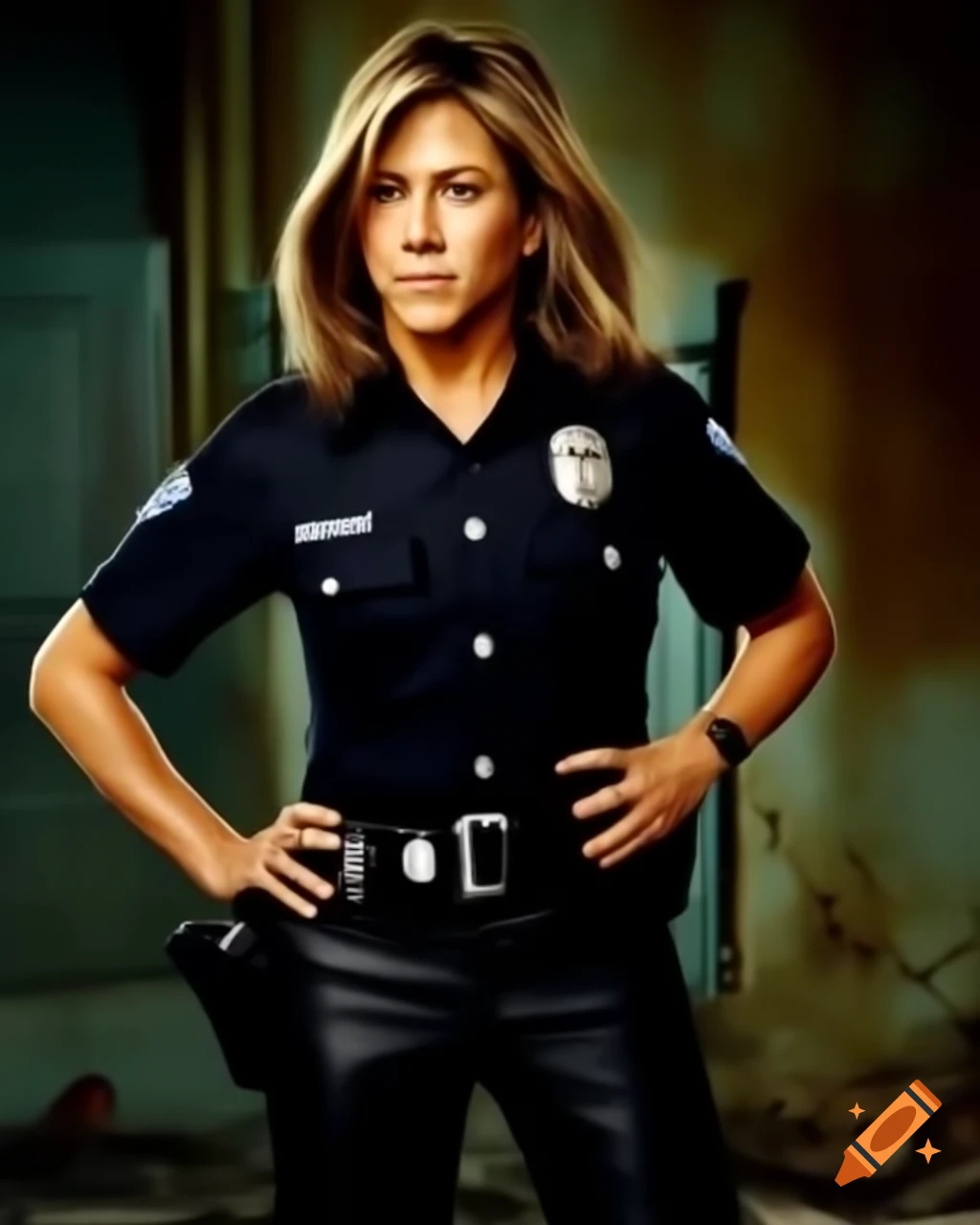 Portrait of actress Jennifer Aniston in police uniform running on Craiyon