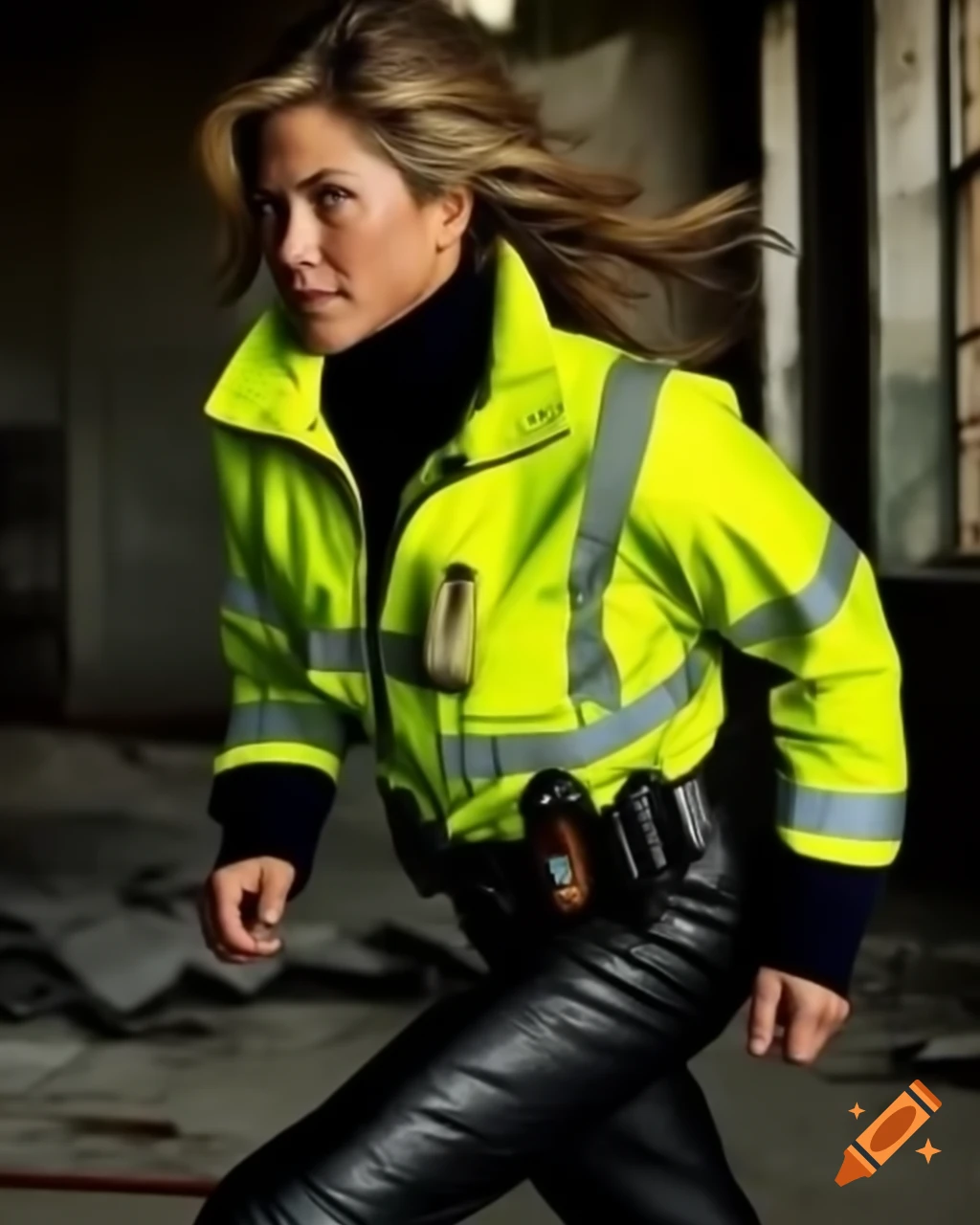 Police officer in yellow fluorescent jacket and tight black trousers ...