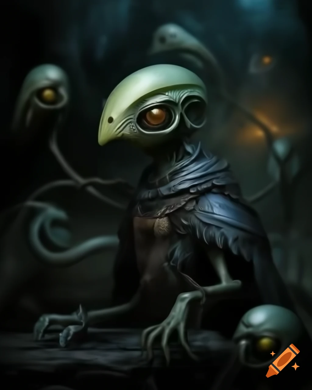 Alien bird in dark fantasy setting, symbolizing apocalypse on Craiyon