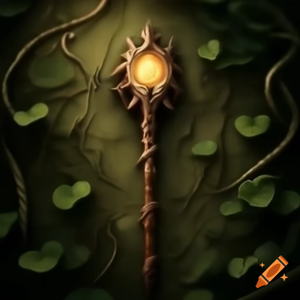Magical wooden staff entwined with enchanted vines on Craiyon