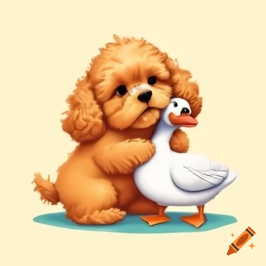 Cartoon of golden cockapoo cuddling a goose in Disney style on Craiyon