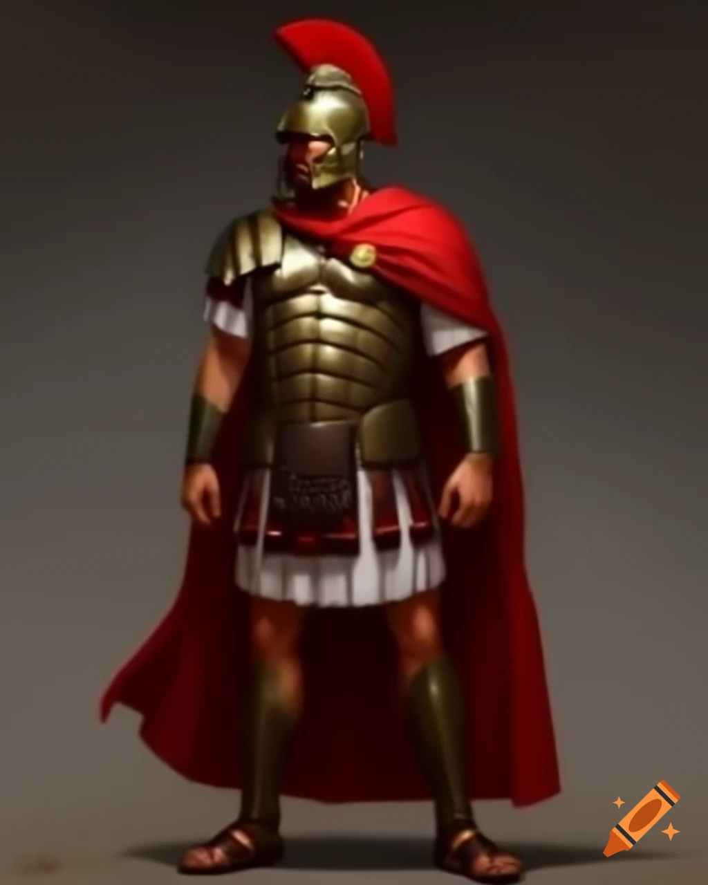 Concept art of a Roman soldier in armor with a red cape, standing proud ...